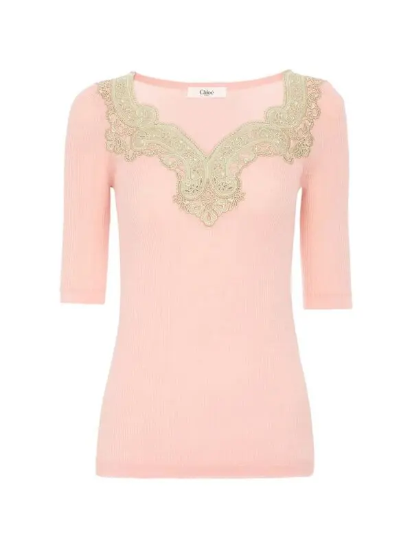 Chloé Wool Rib Knit & Guipure Lace Sweater