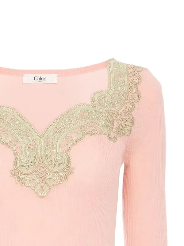 Chloé Wool Rib Knit & Guipure Lace Sweater