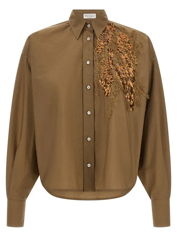 Brunello Cucinelli Embellished Cotton Blend Poplin Shirt - Cream