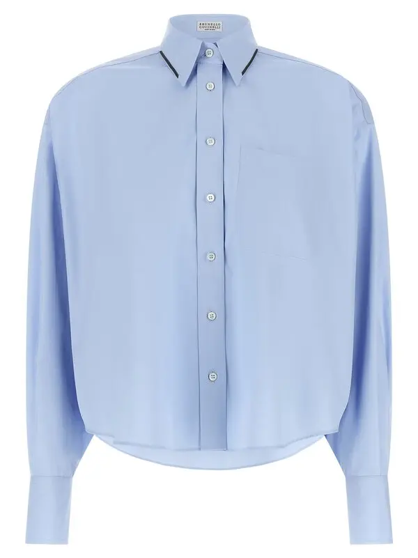 Brunello Cucinelli Cropped Cotton Shirt With Shiny Trim - Blue
