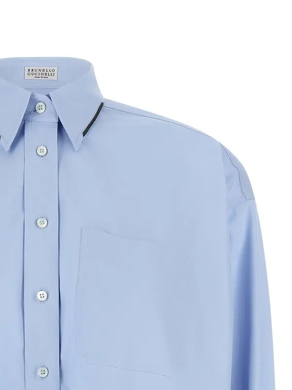 Brunello Cucinelli Cropped Cotton Shirt With Shiny Trim - Blue