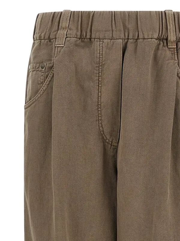 Brunello Cucinelli Cotton And Linen Blend Garment-dyed Trousers - Brown