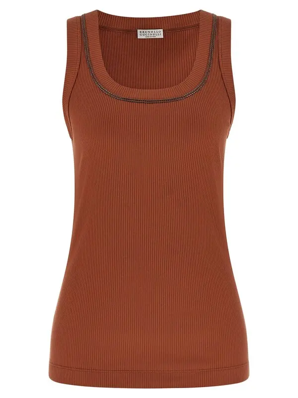 Brunello Cucinelli Ribbed Square Neck Top With Monile Shiny Trim - Brown