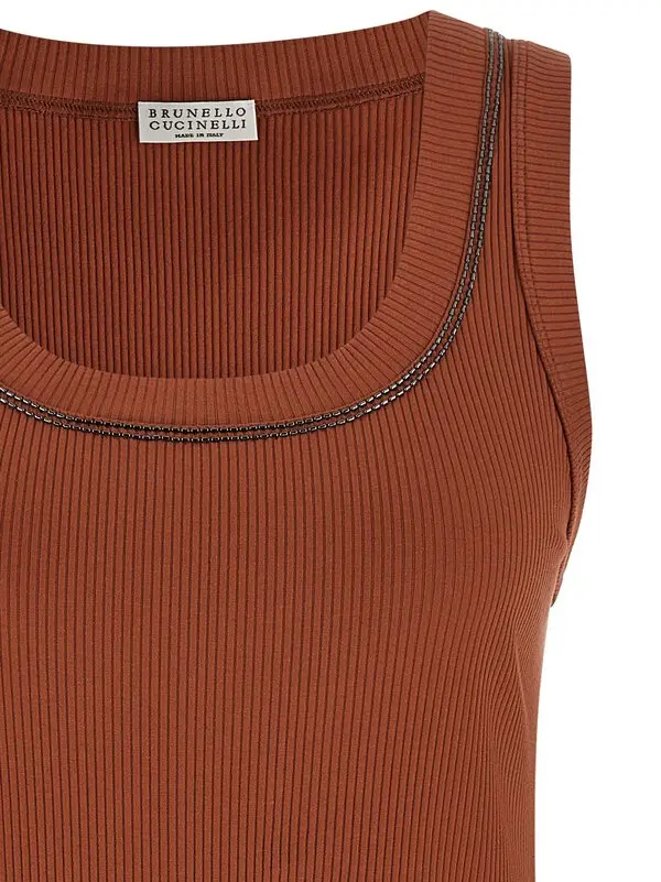 Brunello Cucinelli Ribbed Square Neck Top With Monile Shiny Trim