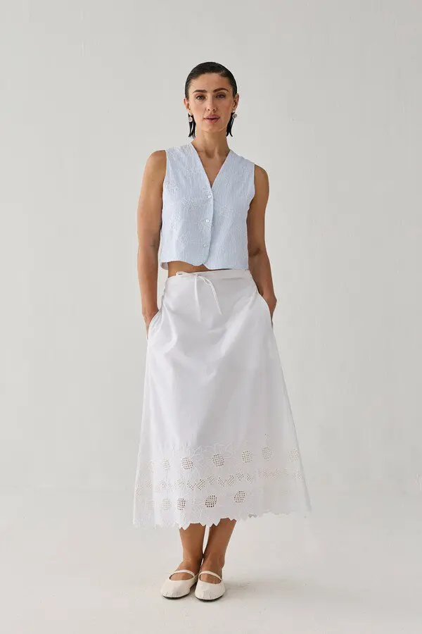 REISTOR Embroidered Midi Skirt - Red