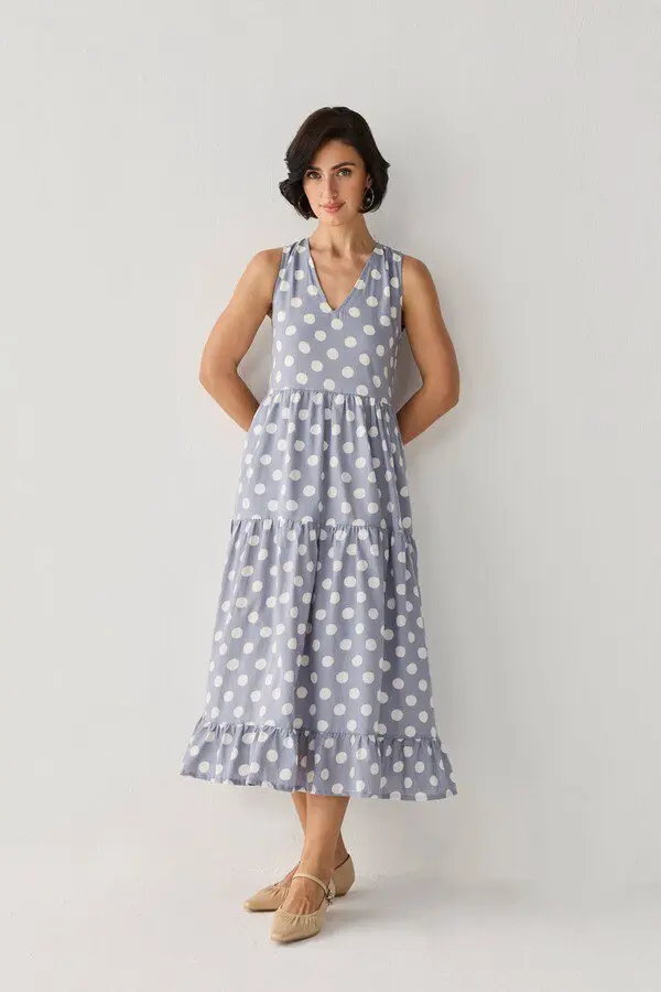 REISTOR Tiered Midi Dress In Polka - Blue