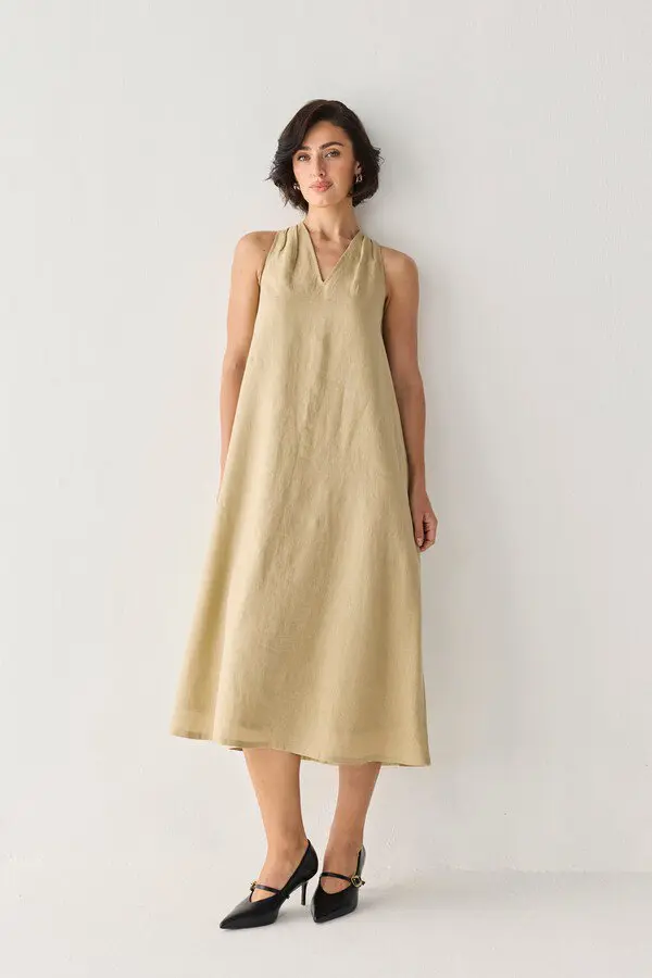 REISTOR V Neck Midi Dress In Beige - Neutral