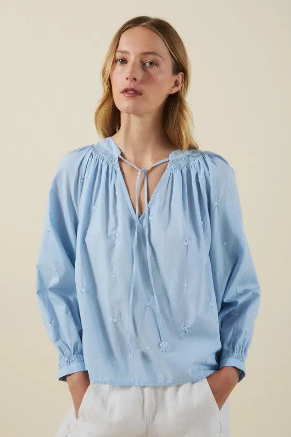 Velvet By Graham & Spencer Sylvie Embroidered Cotton Poplin Peasant Blouse - Blue