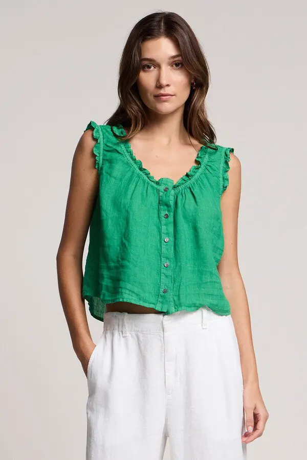 Velvet By Graham & Spencer Tana Cropped Linen Top - Green