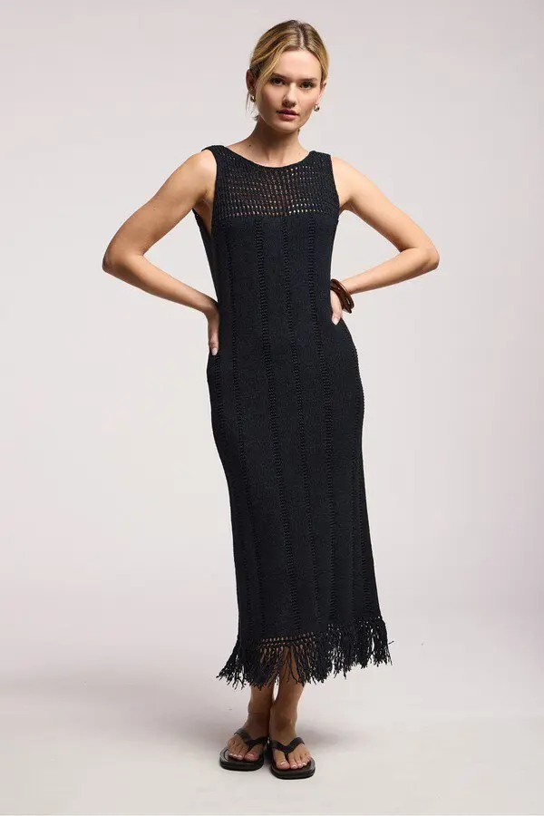 Velvet By Graham & Spencer Toma Maxi Dress With Crochet Detail And Fringe Hem - Black