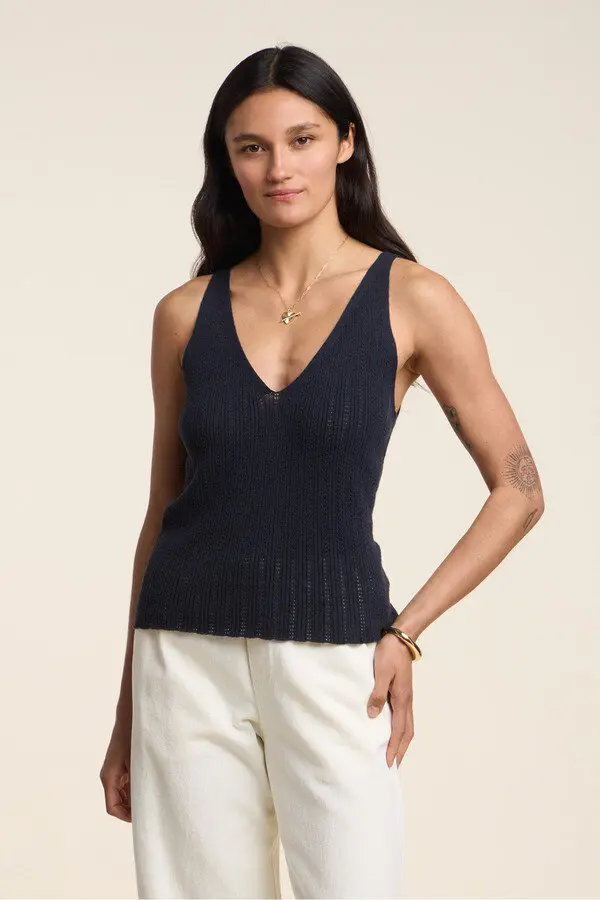 Velvet By Graham & Spencer Lorena Pointelle Knit V-neck Tank - Black