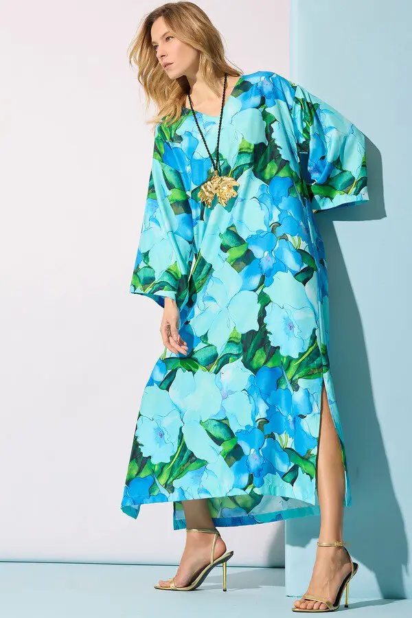 Natori Isla Printed Satin Caftan - Blue