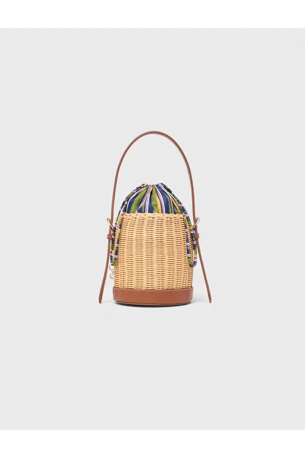 Maje Wicker Bucket Bag With Printed Pouch And Leather Details - Gold