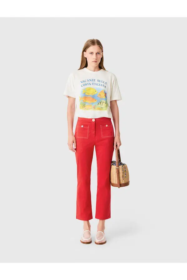 Maje Cotton Capri Trousers With Contrast Stitching - Red