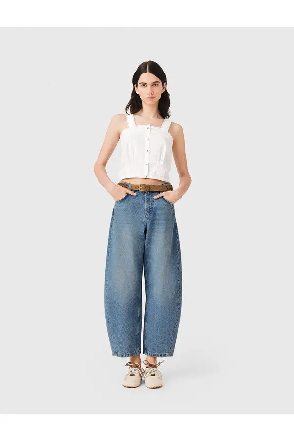 Maje Cotton Cropped Top With Lace Trim And Gold Buttons - White