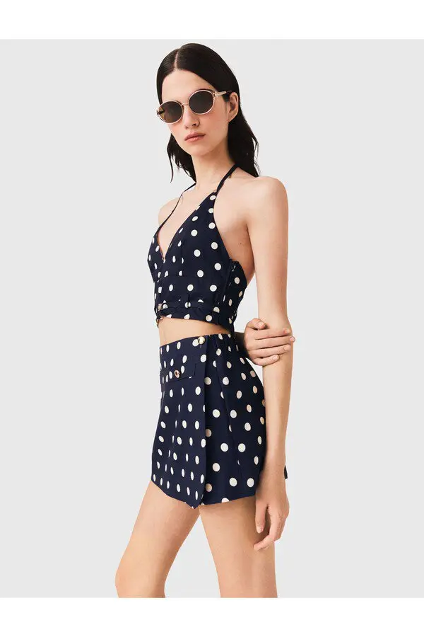 Maje Polka Dot Linen Blend Skort - Navy