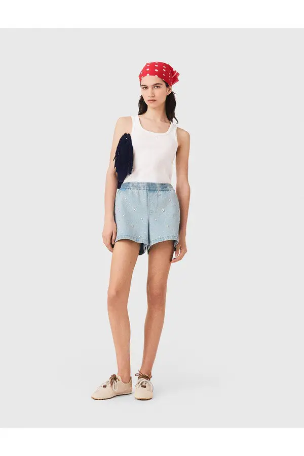Maje Embellished Floral Denim Shorts - Blue
