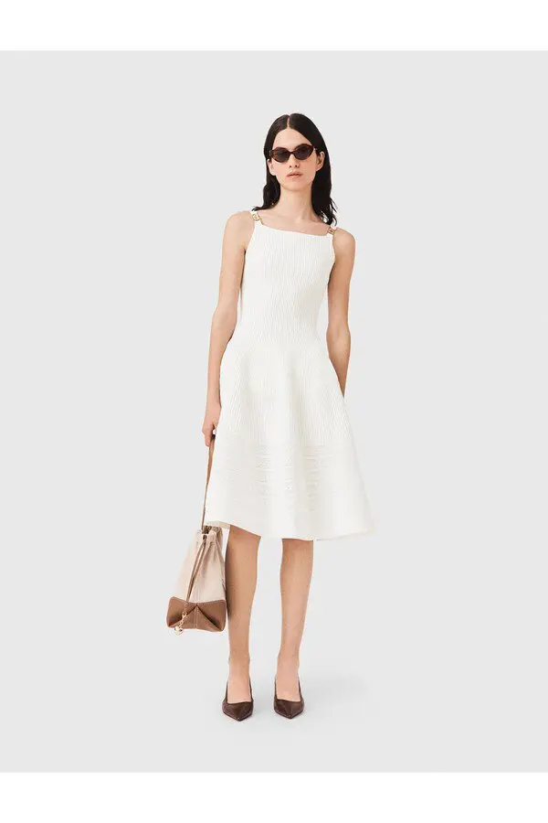 Maje Textured Knit Fit And Flare Maxi Dress With Gold Clasps - White