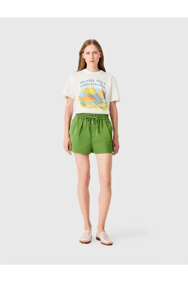 Maje Technical Fabric Shorts With Smocked Waist And Drawstring - Green