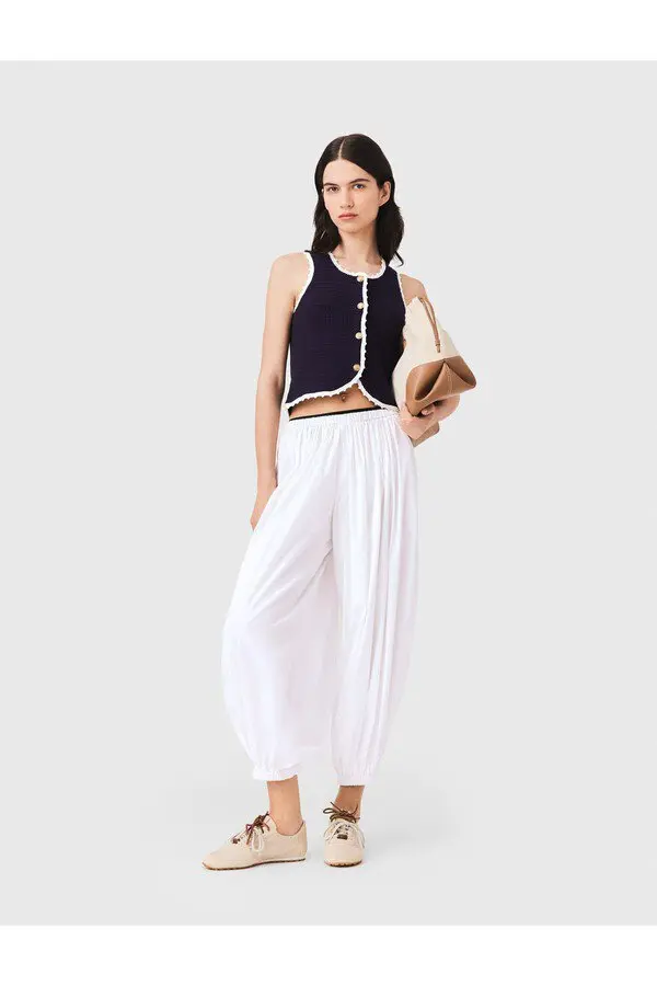 Maje Navy Blue Crochet Knit Top With White Scalloped Trim And Gold Buttons - Black