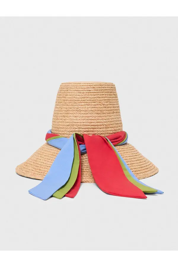Maje Raffia Sun Hat With Printed Ribbon - Green