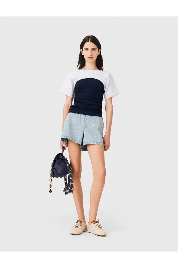 Maje Pleated Jersey Top - Black / Navy / Stripe / White