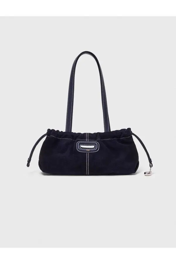 Maje Topstitched Suede Milpli Gazette Bag - Blue