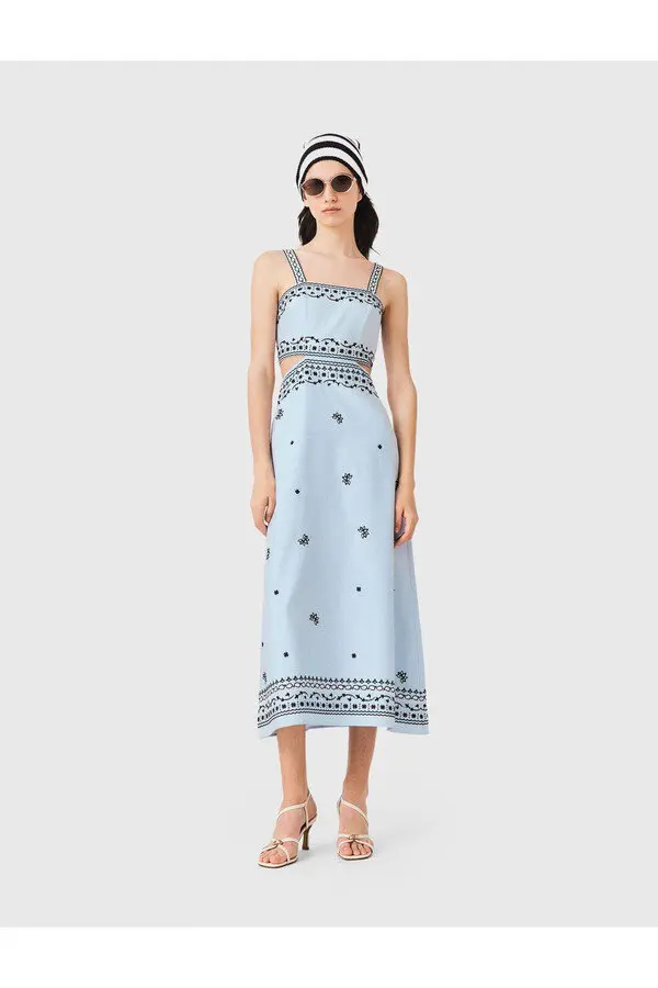 Maje Embroidered Linen Blend Maxi Dress - Blue