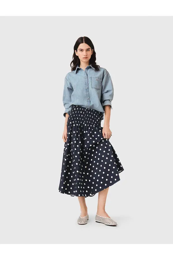Maje Long Cotton Polka Dot Skirt - Navy