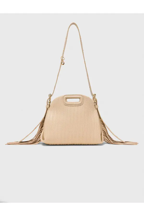 Maje Miss M" Mini Topstitched Leather Bag With Fringe - Natural