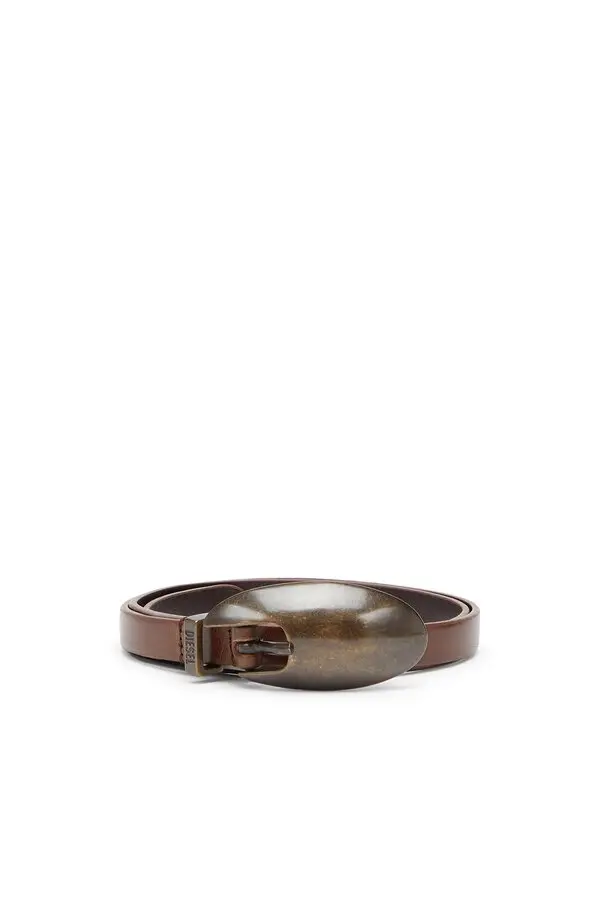 DIESEL® Slim Leather Belt With Sculptural Buckle - Brown