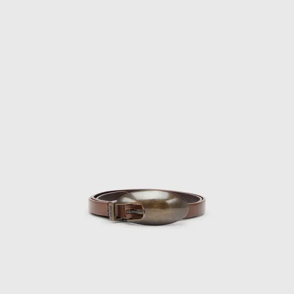 DIESEL® Slim Leather Belt With Sculptural Buckle - Brown