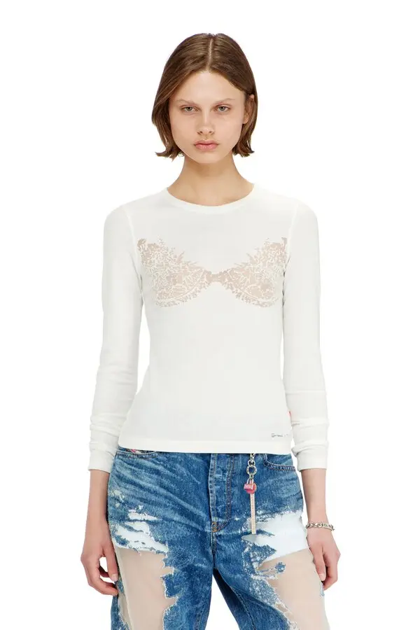 DIESEL® Ribbed Cotton Top With Devoré Lace Effect