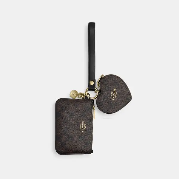 COACH OUTLET Coach Signature Canvas Wristlet And Heart Pouch With Charm - Gold/walnut/black