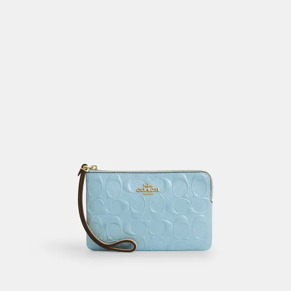 COACH OUTLET Corner Zip Wristlet In Signature Leather With Charm - Gold/light Blue
