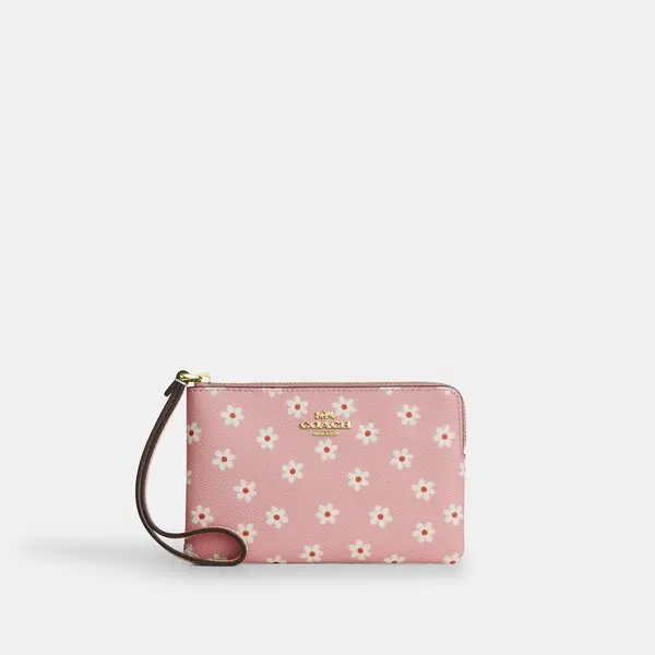 COACH OUTLET Coach Corner Zip Wristlet In Floral Print - Gold/pink Multi