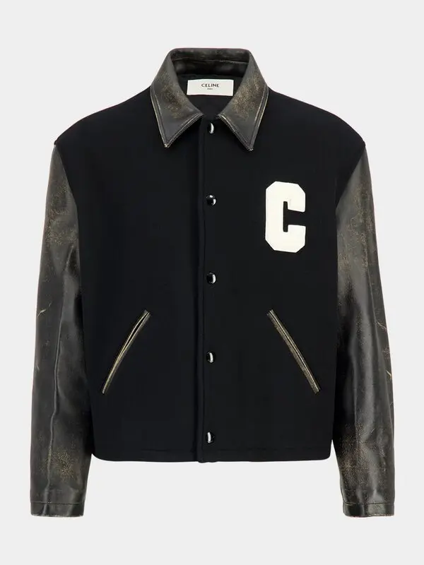 Celine Buttoned Wool Felt Jacket With Leather Sleeves - Black