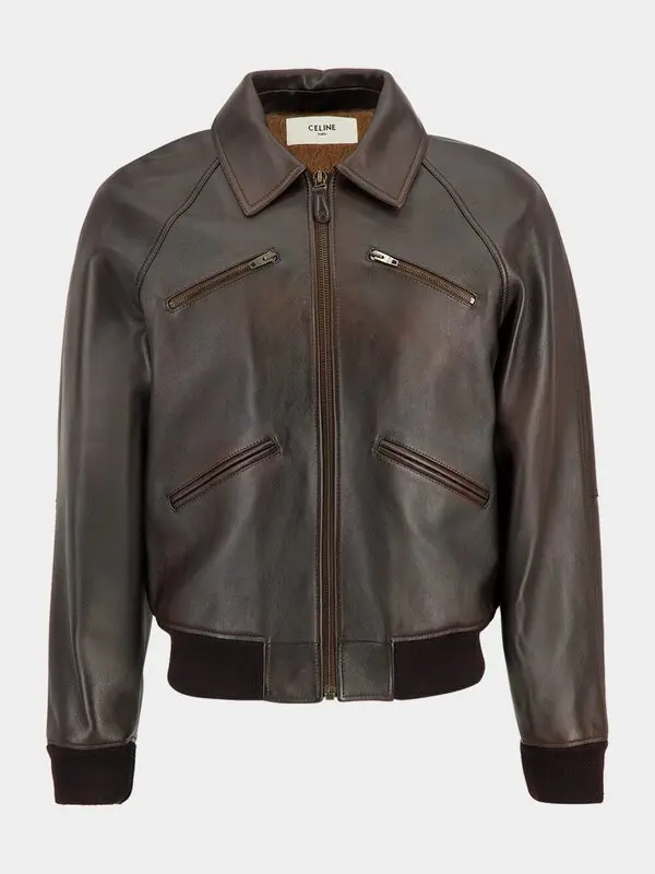 Celine Zipped Leather Bomber Jacket With Front Pockets