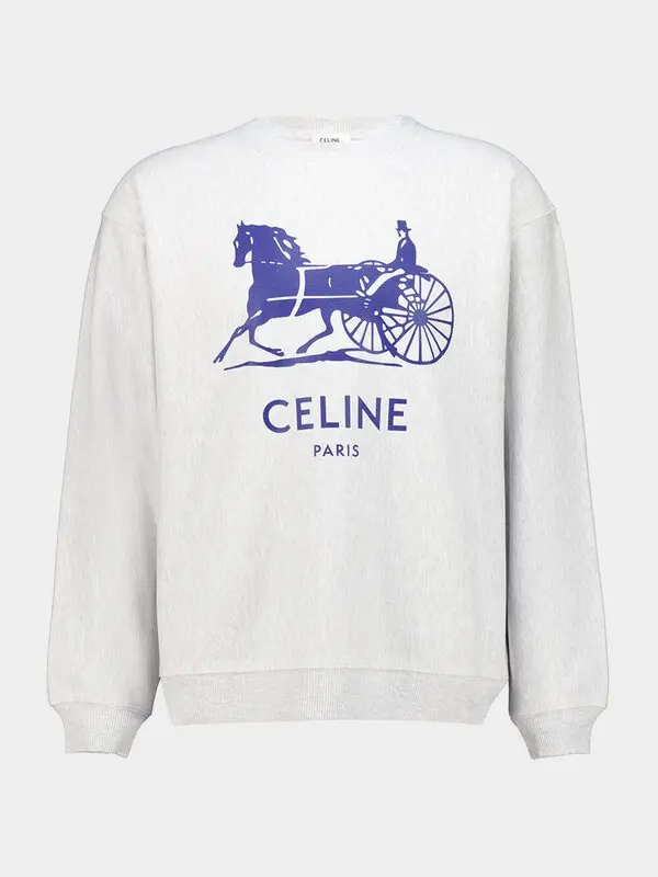 Celine Relaxed Fit Fleece Cotton Sweatshirt With Graphic Logo - Grey