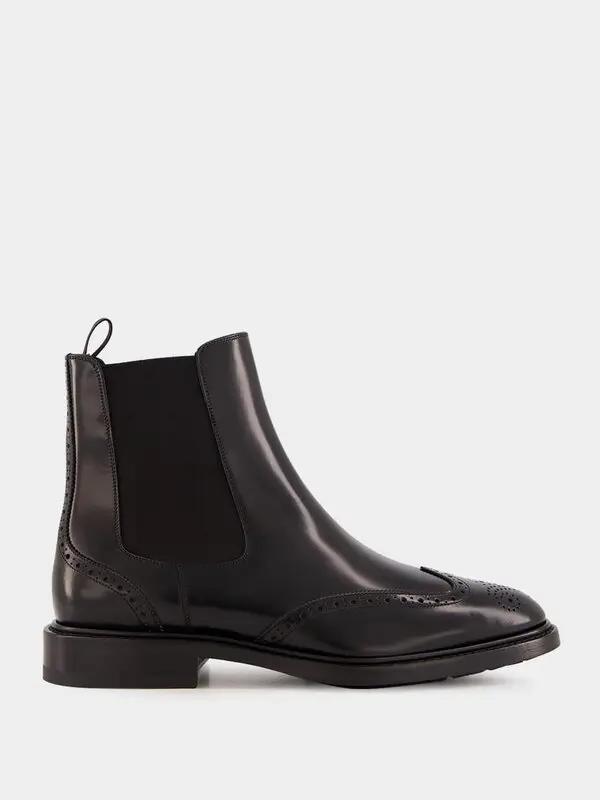 Celine Chelsea Boots With Brogue Detailing In Polished Leather - Black
