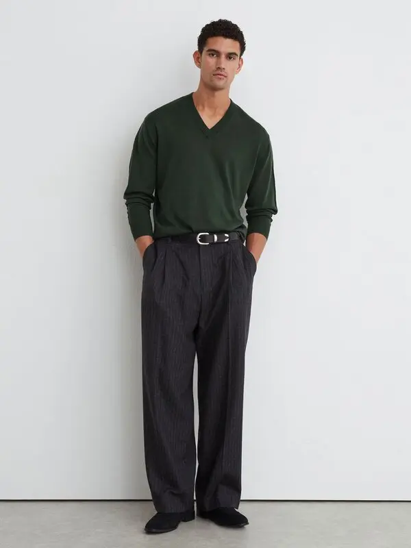 REISS Merino Wool V-neck Jumper - Dark Green
