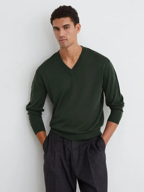 REISS Merino Wool V-neck Jumper - Dark Green