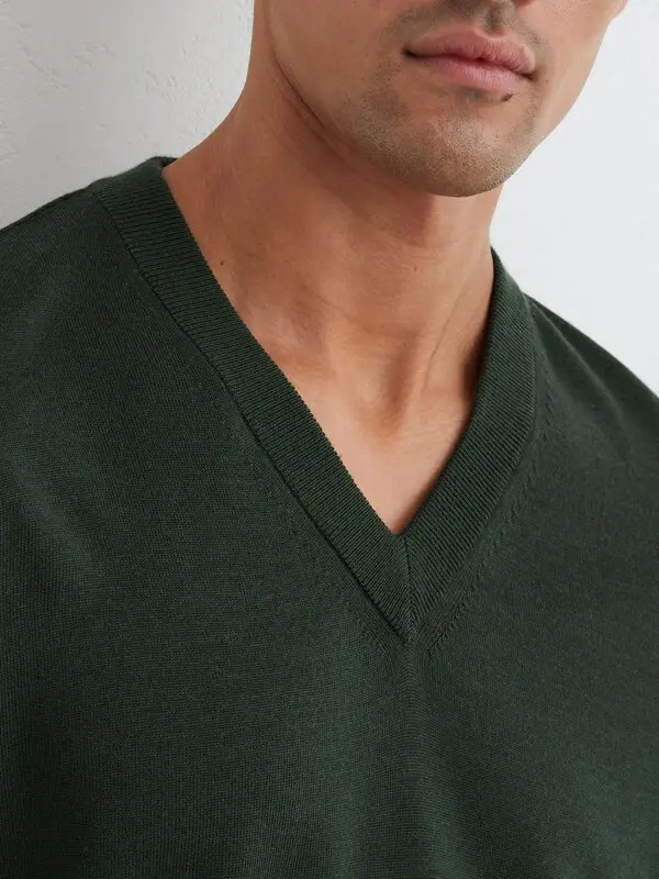 REISS Merino Wool V-neck Jumper - Dark Green