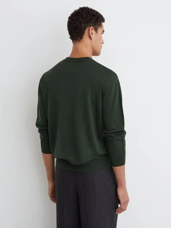REISS Merino Wool V-neck Jumper - Dark Green