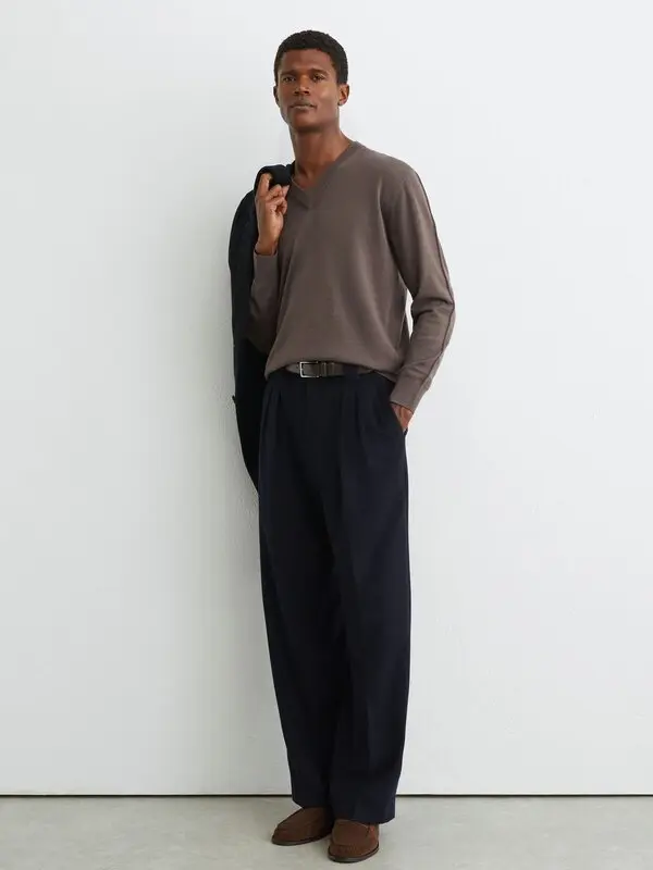 REISS Merino Wool V-neck Jumper - Ridge Brown