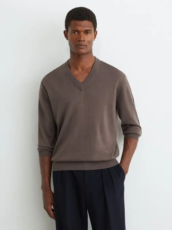 REISS Merino Wool V-neck Jumper - Ridge Brown