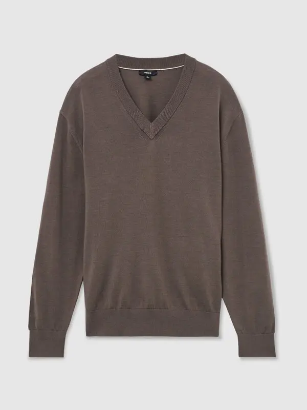 REISS Merino Wool V-neck Jumper - Ridge Brown