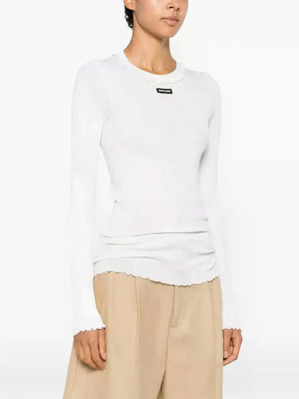 Miu Miu Ribbed Knit Silk T-shirt With Ruffle Trim