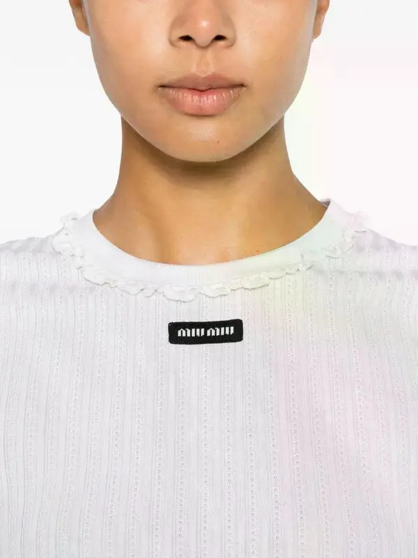 Miu Miu Ribbed Knit Silk T-shirt With Ruffle Trim