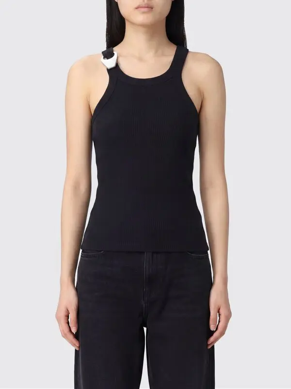 Pinko Ribbed Tank Top With Embellished Shoulder Strap - Black